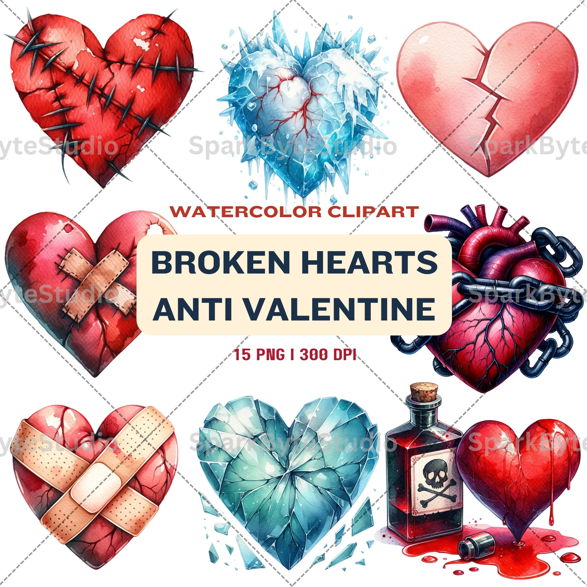 Broken Hearts Watercolor Clipart, Anti Valentine Clipart,heart Injury ...