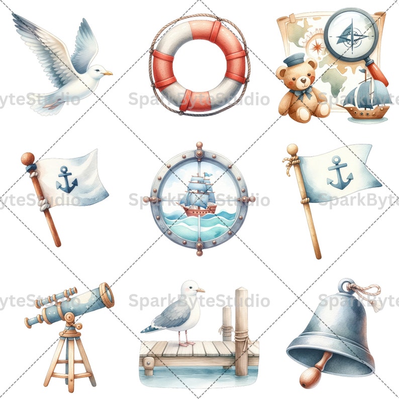 Nautical Clipart, Ocean Waves, Lighthouse, Ship, Anchor, Seashell ...
