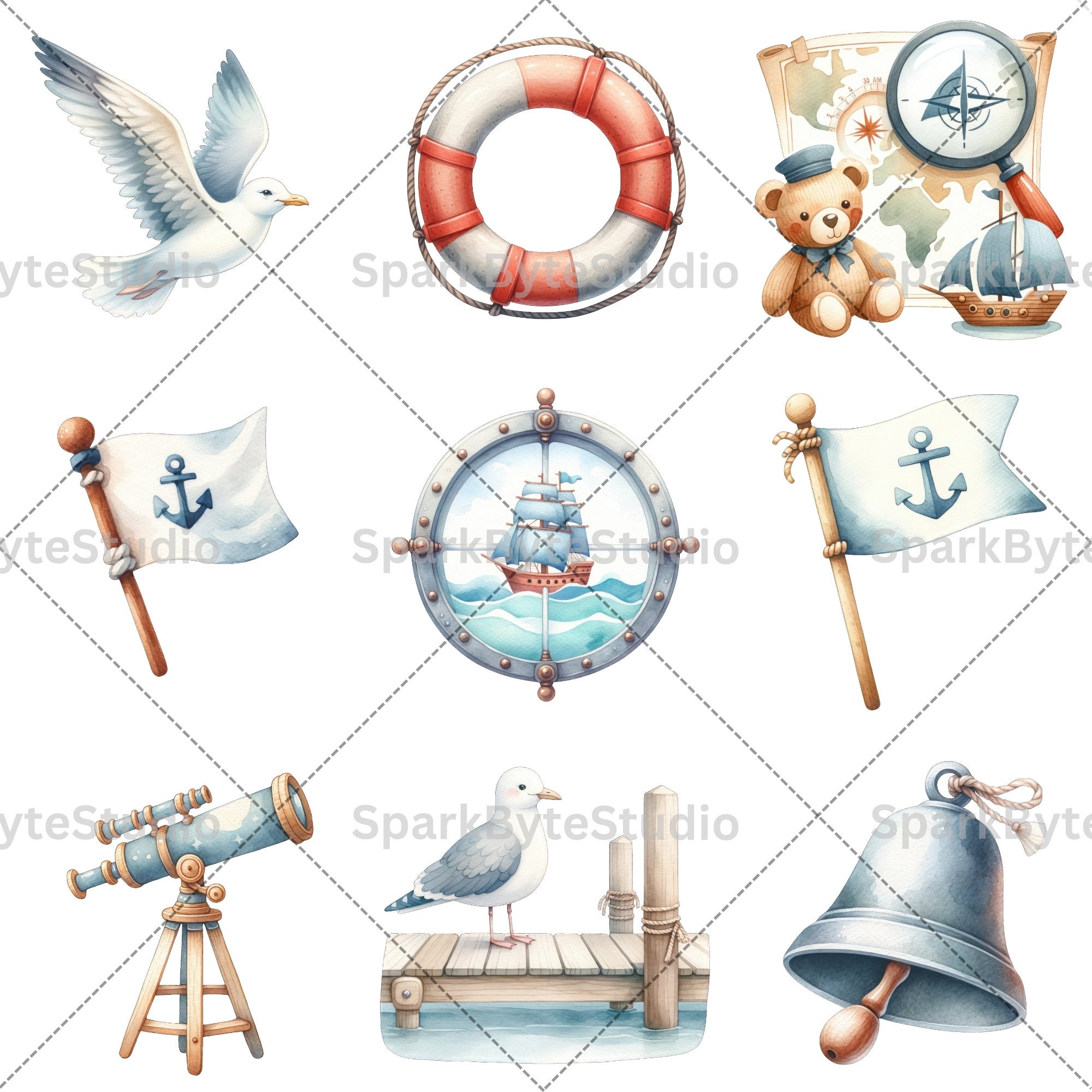 Nautical Clipart, Ocean Waves, Lighthouse, Ship, Anchor, Seashell ...