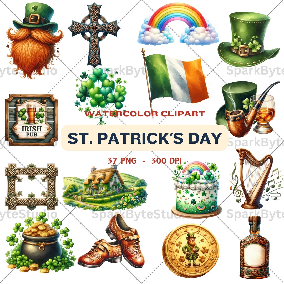 St. Patrick Day Watercolor Clipart, Leprechaun, Shamrock, Pot of Gold ...