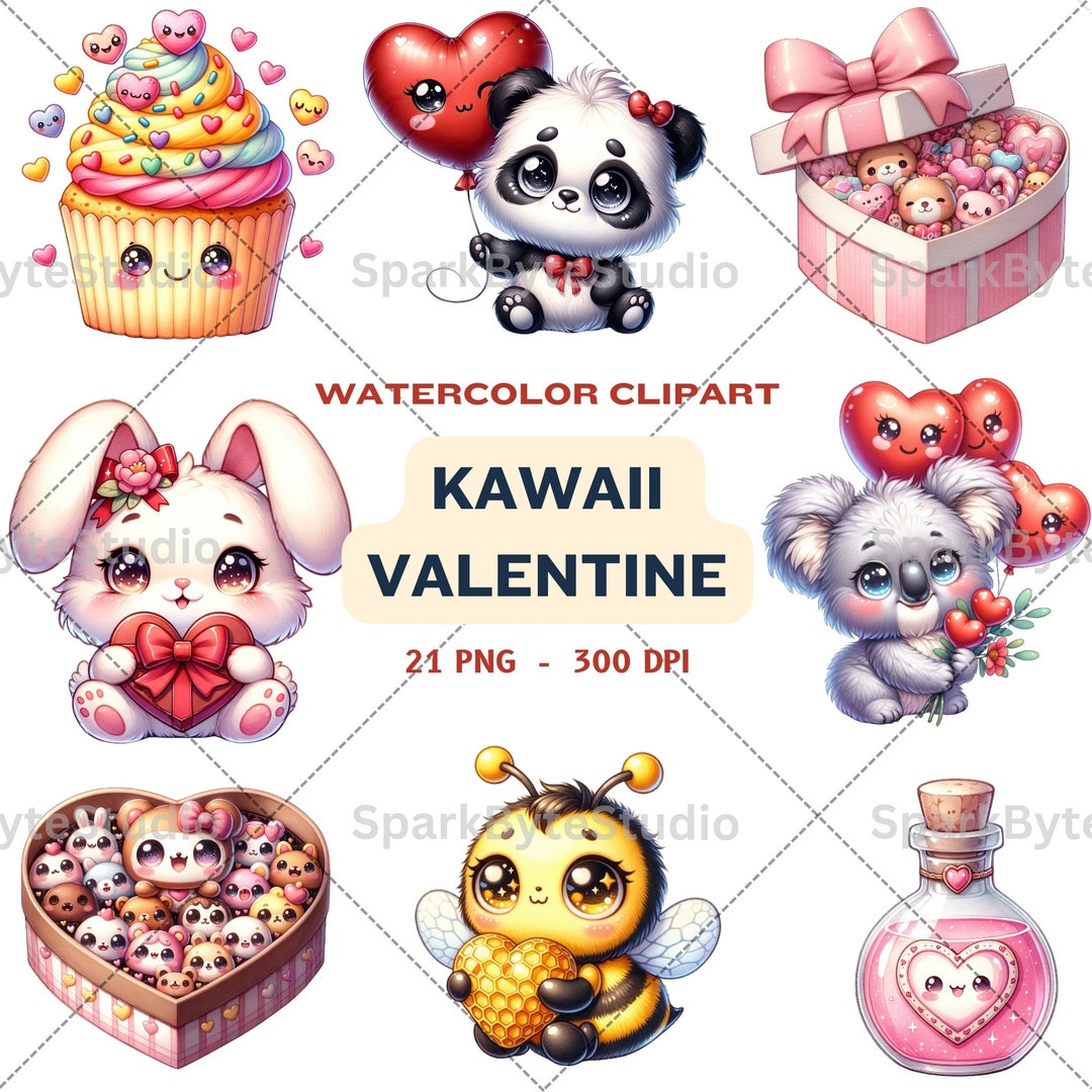 Kawaii Valentine Clipart, Animal Valentine, Kawaii Clipart, Cake ...