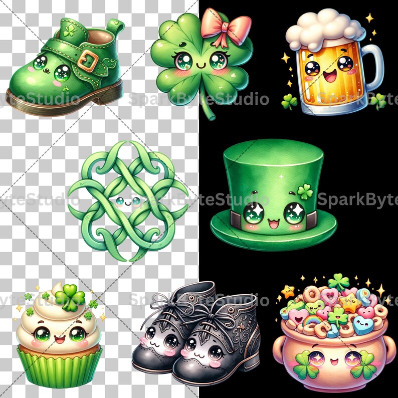 St. Patrick Day Kawaii Watercolor Clipart, Leprechaun, Shamrock, Clover ...