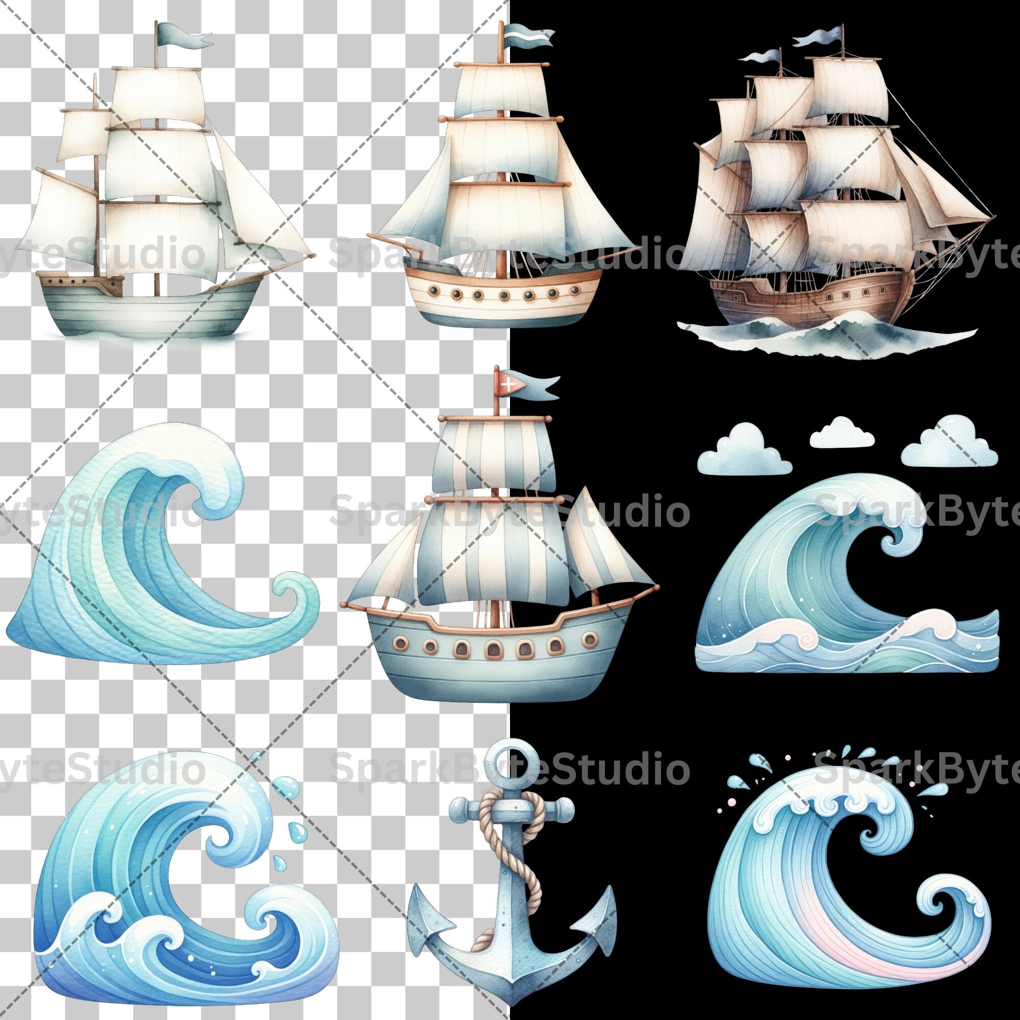 Nautical Clipart, Ocean Waves, Lighthouse, Ship, Anchor, Seashell ...