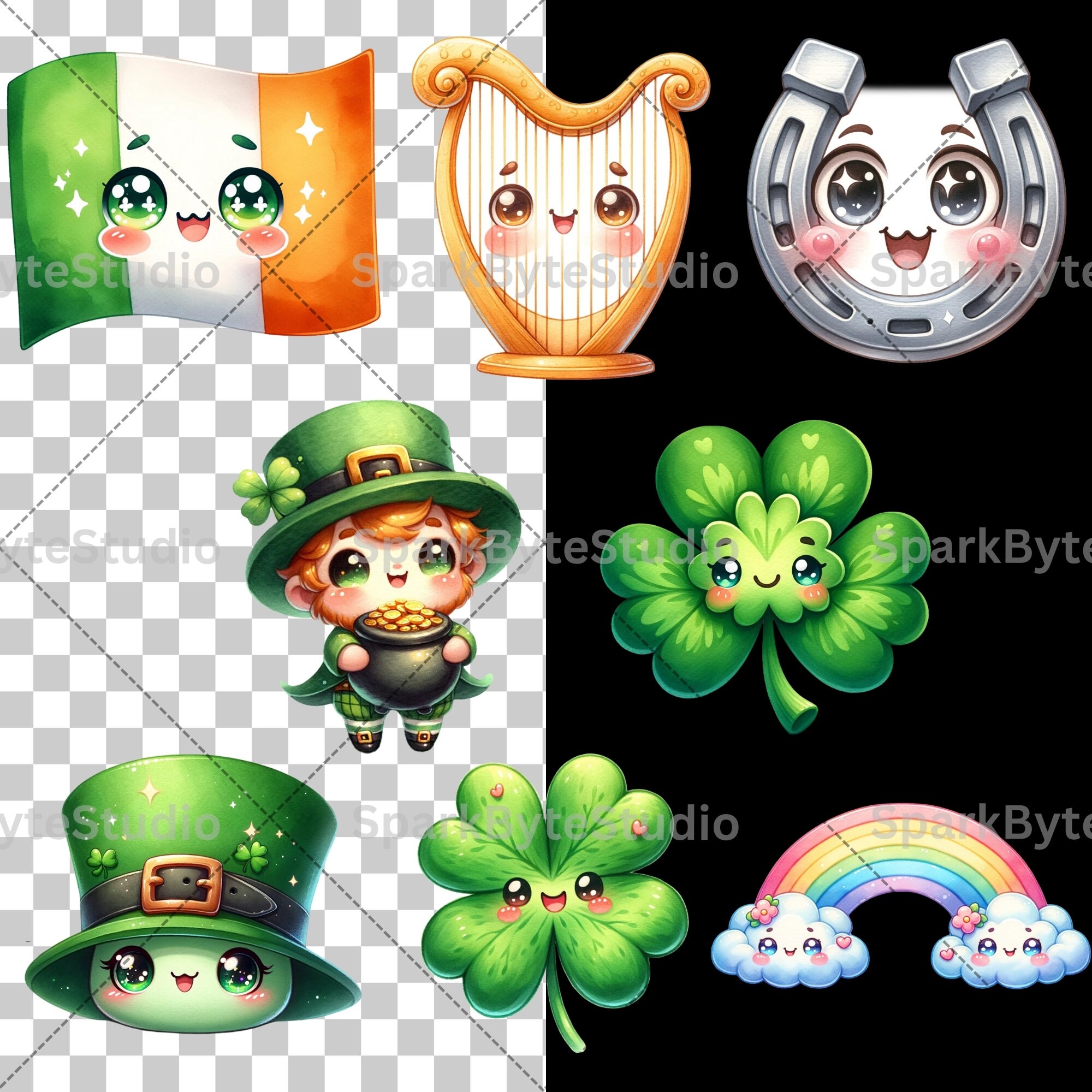 St. Patrick Day Kawaii Watercolor Clipart, Leprechaun, Shamrock, Clover ...