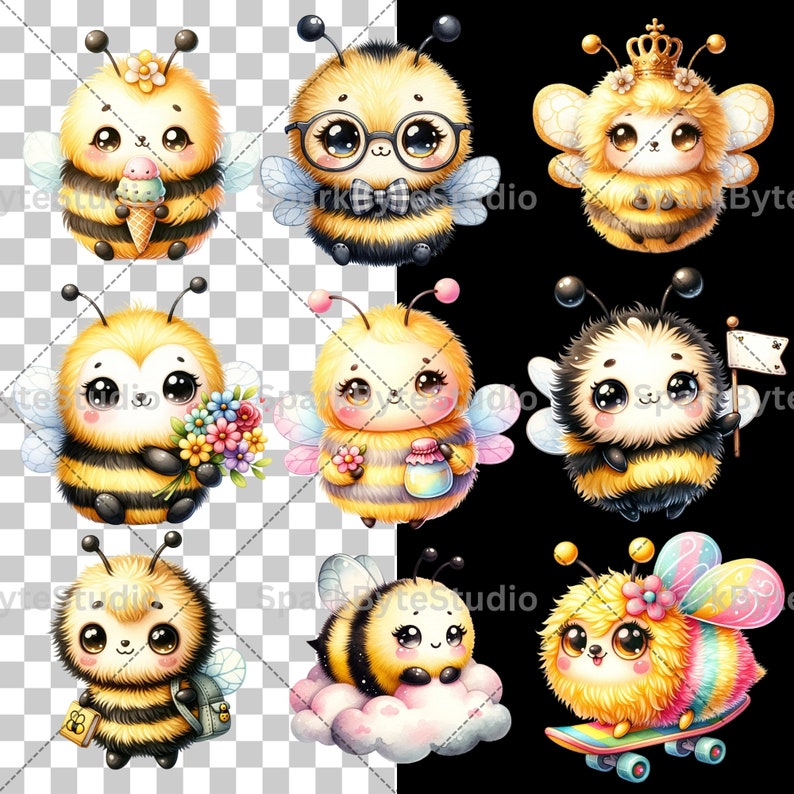 Cute Bee Watercolor Clipart, Kawaii Bee Clipart, Funny Bee Clipart ...