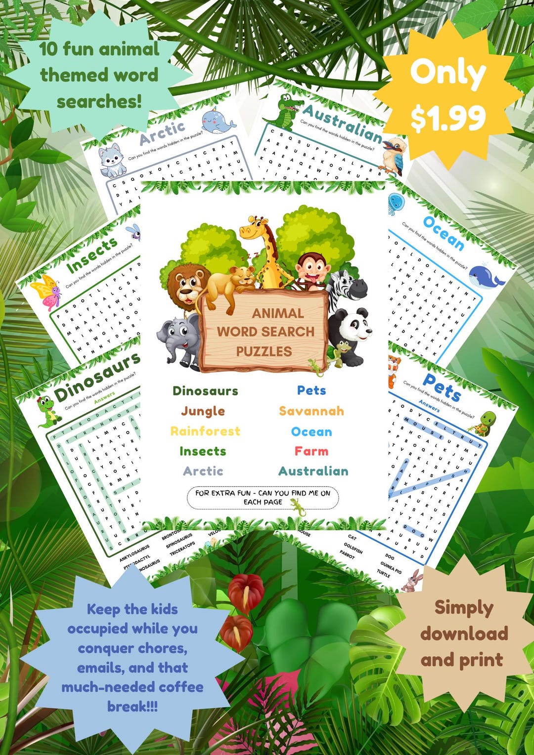 Animal Word Search Puzzles for Kids: Fun Printable Activity (PDF) - Etsy UK