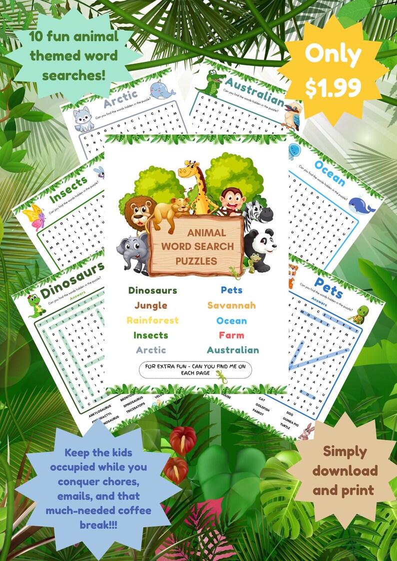 Animal Word Search Puzzles for Kids: Fun Printable Activity (PDF) - Etsy