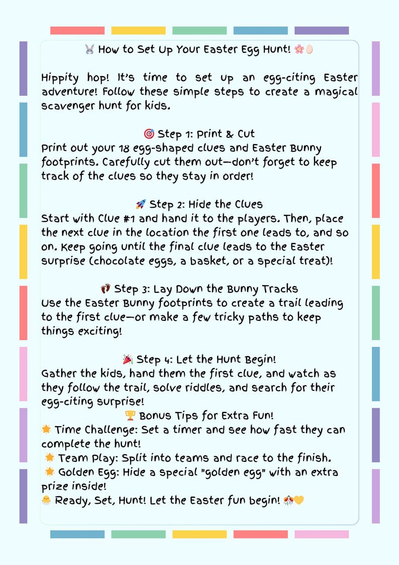 Easter Egg Scavenger Hunt Printable | 18 Clues, Bunny Footprints ...