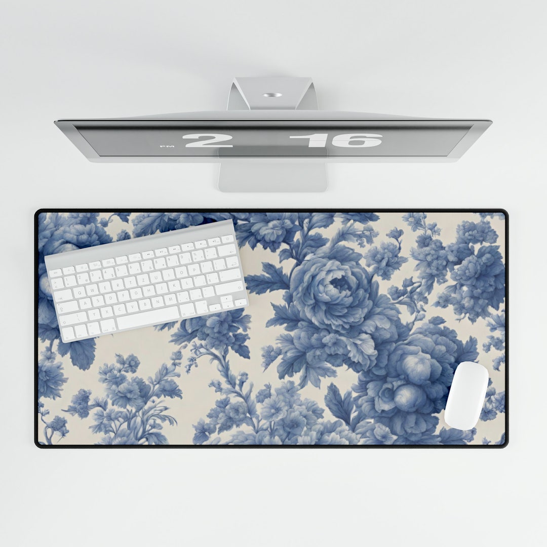 Peonies Toile De Jouy Desk Mat, Flower Desk Mat Floral Mouse Pad, Blue ...