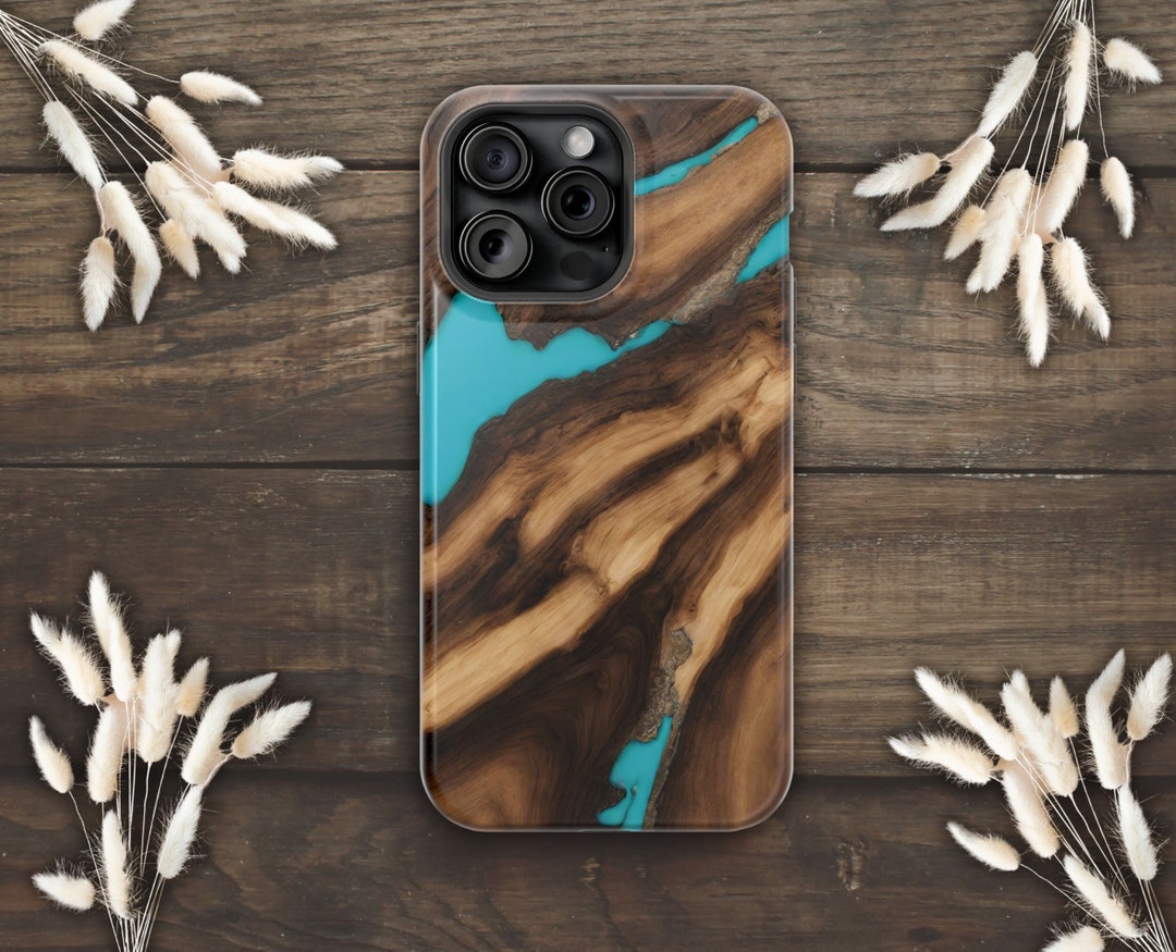 MAG SAFE Wood and Turquoise Epoxy Resin Phone Case for iPhone 15 14 13 ...