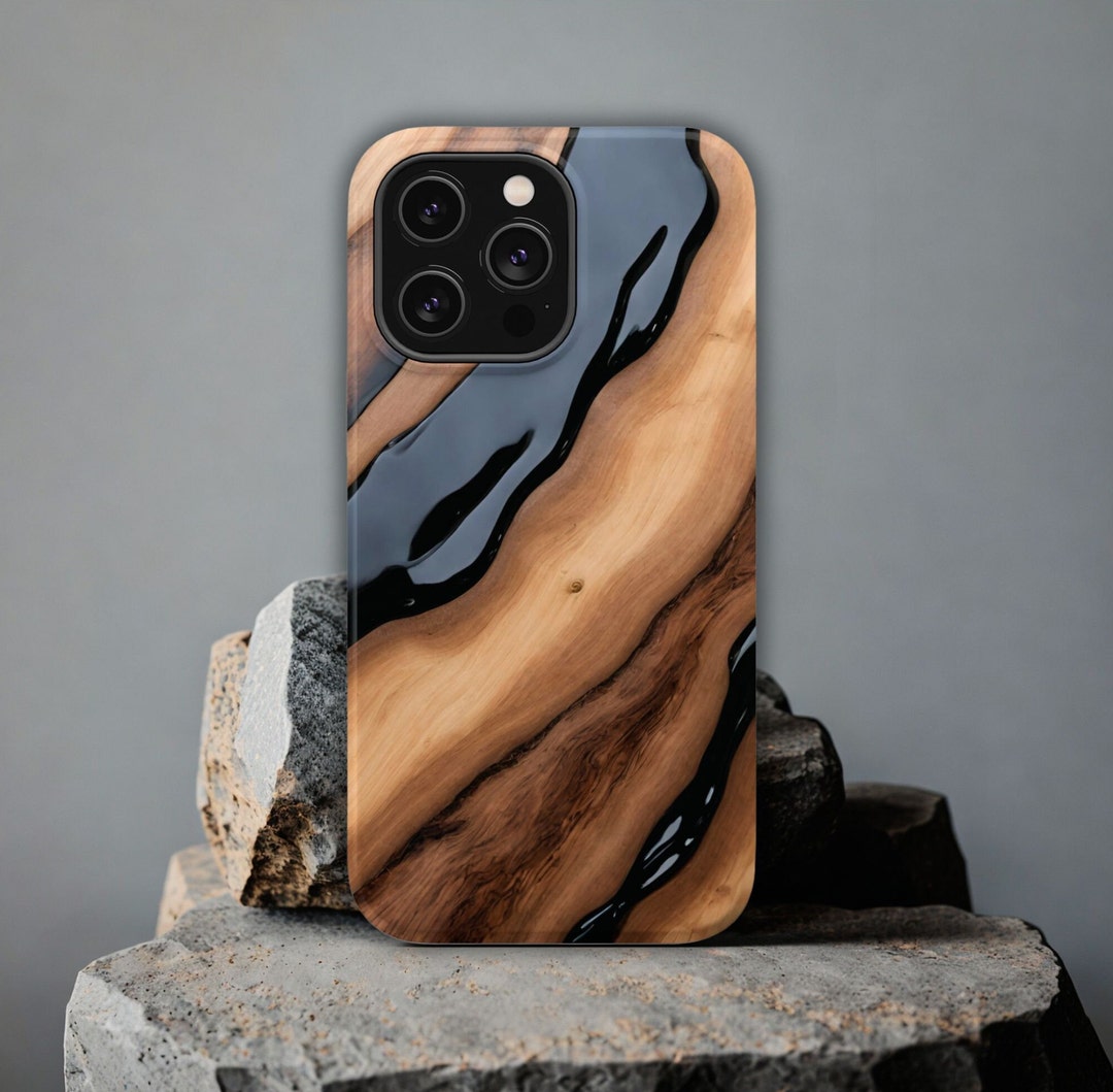 Faux Wood and Black Epoxy Resin MAG SAFE Phone Case for iPhone 15 14 13 ...