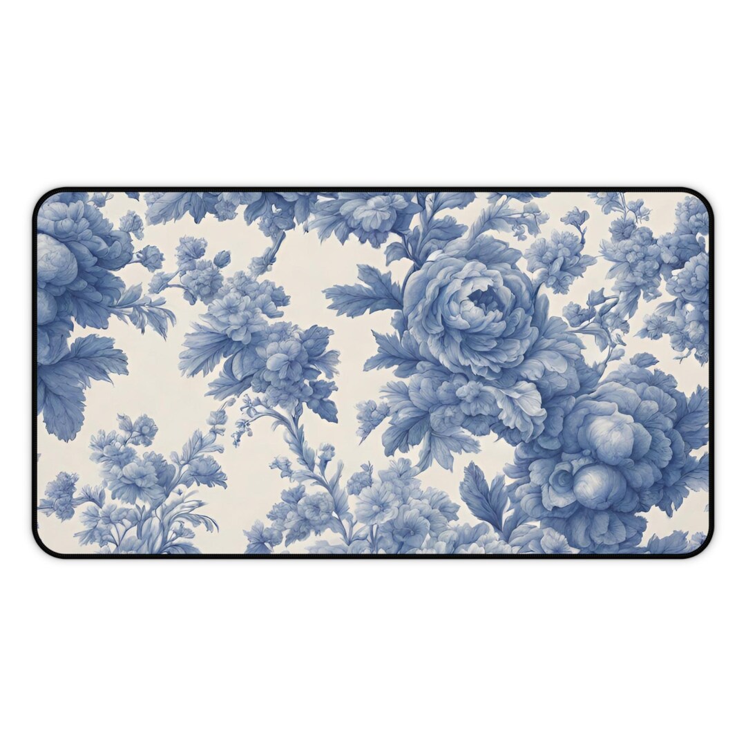 Peonies Toile De Jouy Desk Mat, Flower Desk Mat Floral Mouse Pad, Blue ...