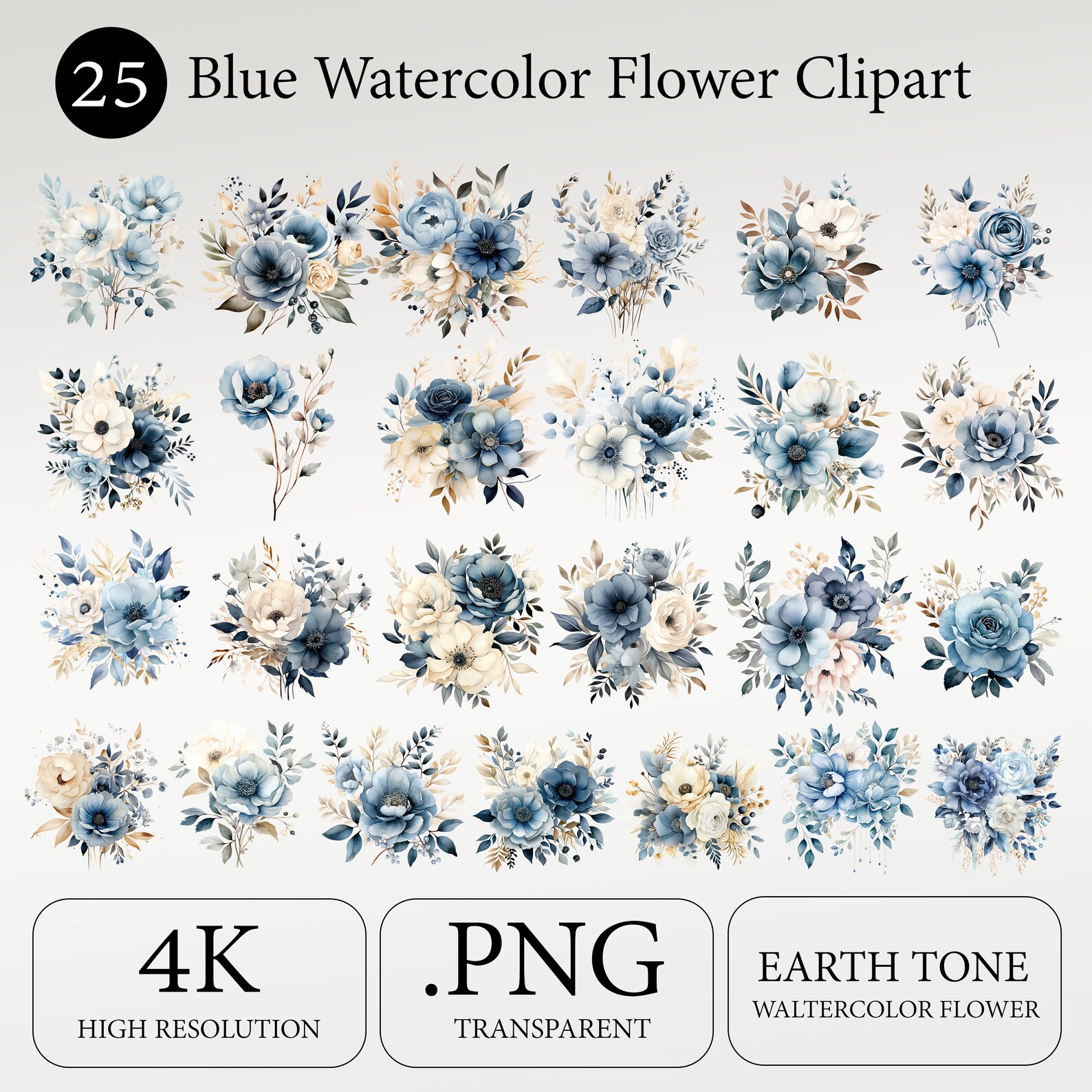 25 Watercolor Flower Blue Gray Earth Tone Clipart in PNG Format ...