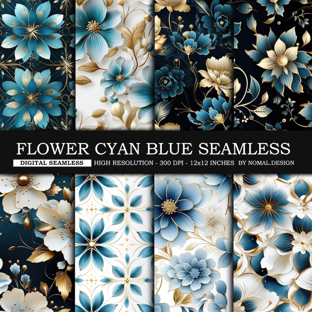8 Flower Cyan Blue Luxury Seamless Patterns , Luxurious Pattern ...