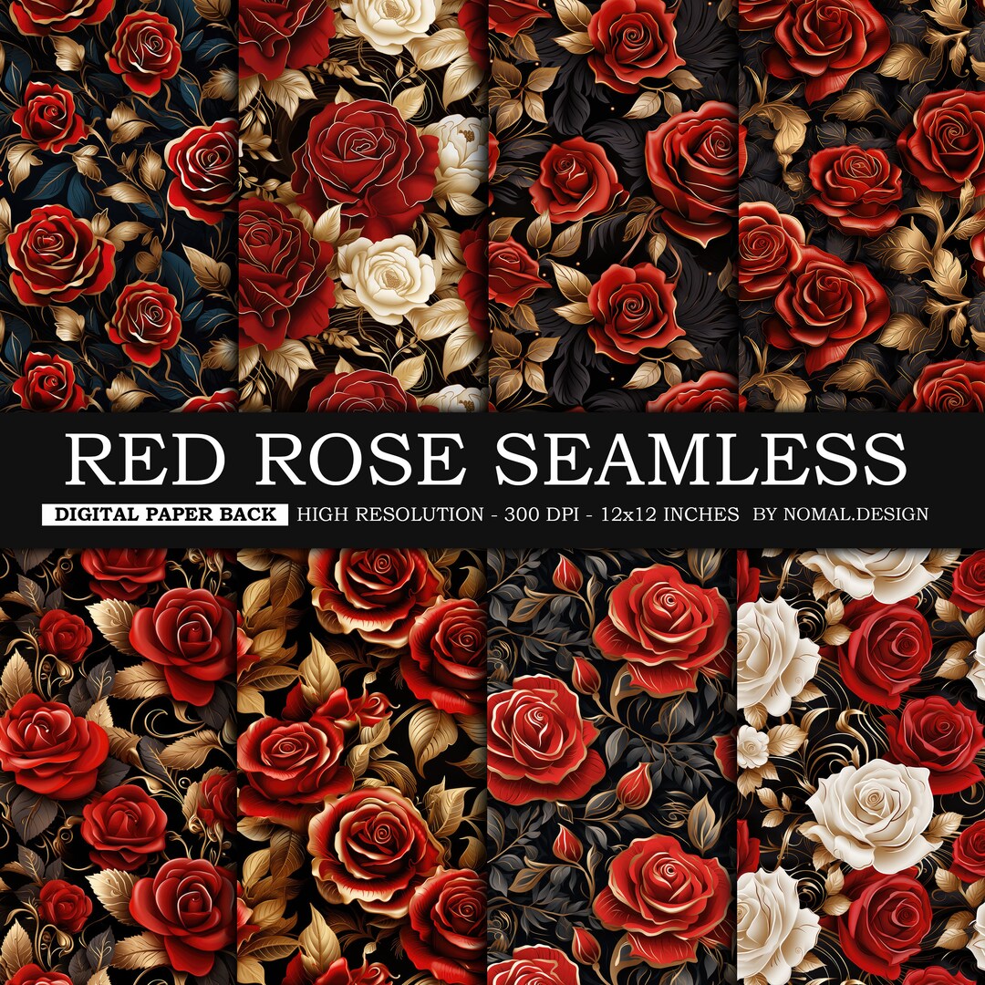 8 Red Rose and Gold Luxury Seamless Patterns , Digital Paper ...
