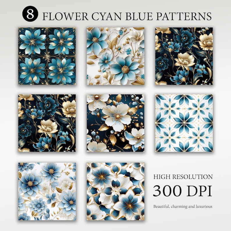 8 Flower Cyan Blue Luxury Seamless Patterns , Luxurious Pattern ...