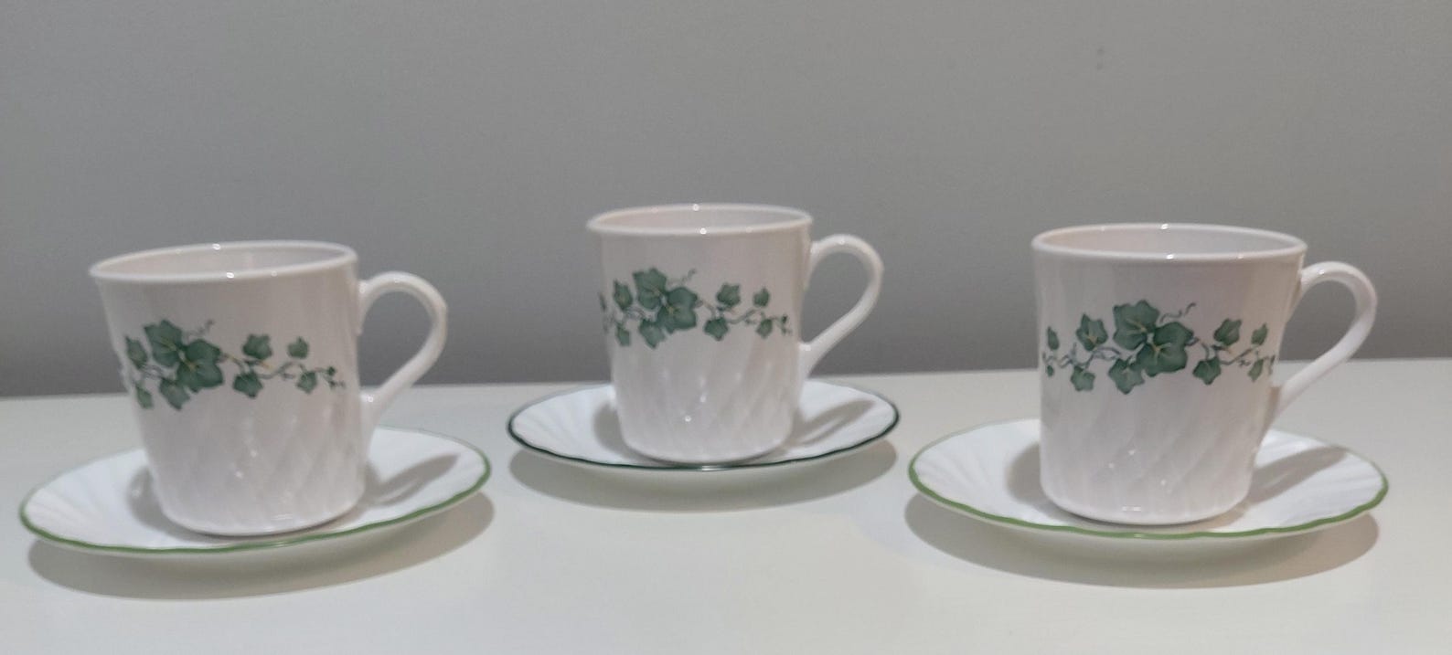 Vintage Corningware Ivy Cups and Saucers: 3 Sets, Green Ivy on White ...