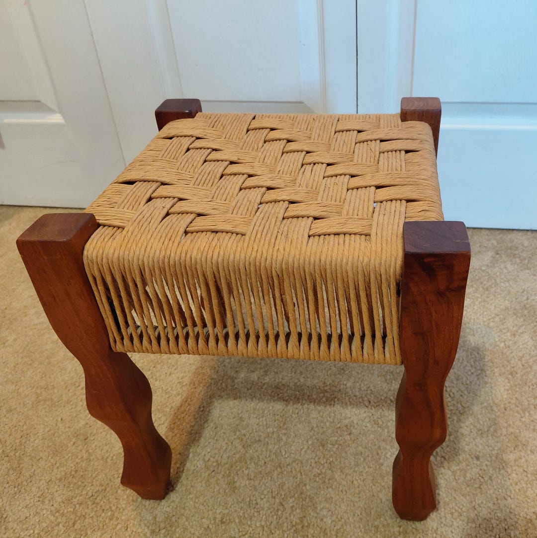 Handcrafted Hardwood Footstool With Woven Rush Top - Etsy
