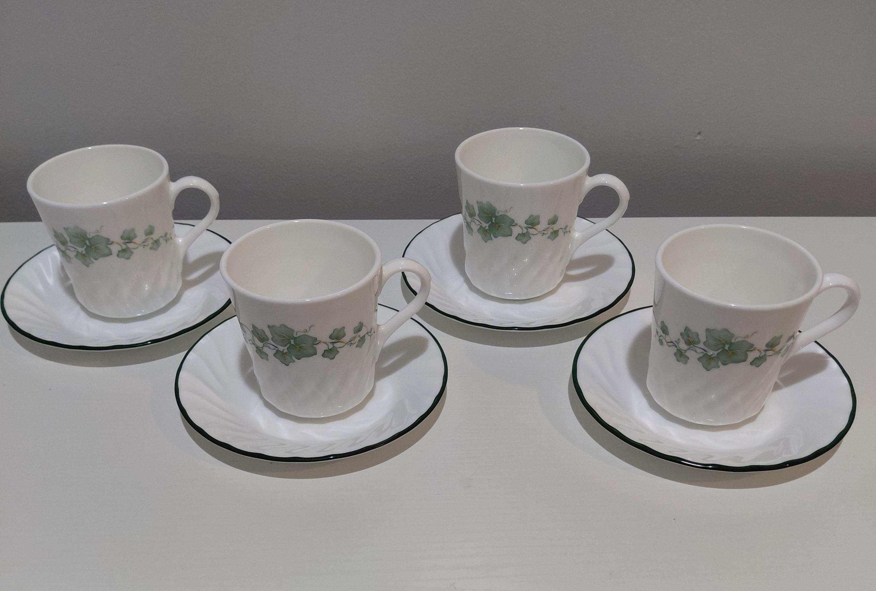 Vintage Corningware Ivy Cups and Saucers: 3 Sets, Green Ivy on White ...