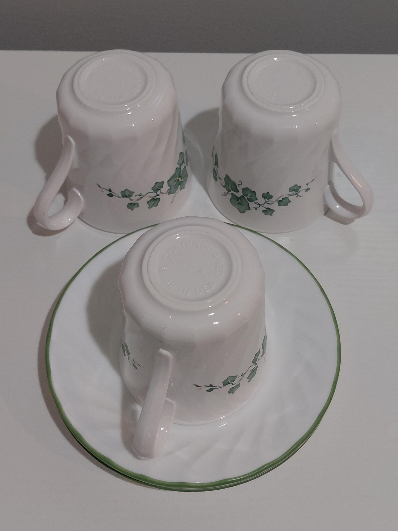 Vintage Corningware Ivy Cups and Saucers: 3 Sets, Green Ivy on White ...
