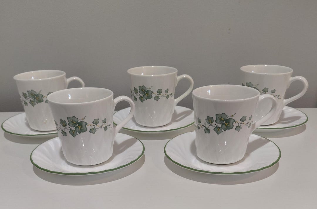 Vintage Corningware Ivy Cups and Saucers: 3 Sets, Green Ivy on White ...