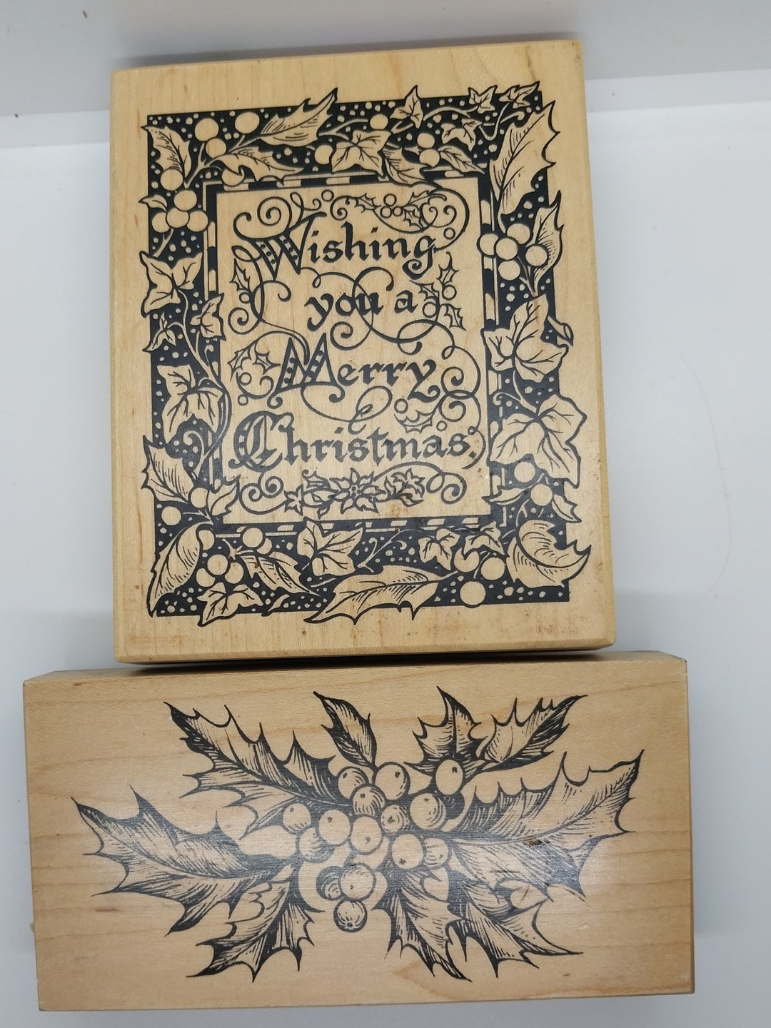 Merry Christmas and Holly Rubber Block Stamps, Wishing You Merry ...