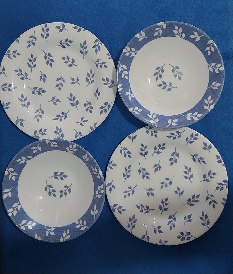 Vintage Arcopal Blue Leaf Dinnerware Set: French Opal Glass, Mid ...