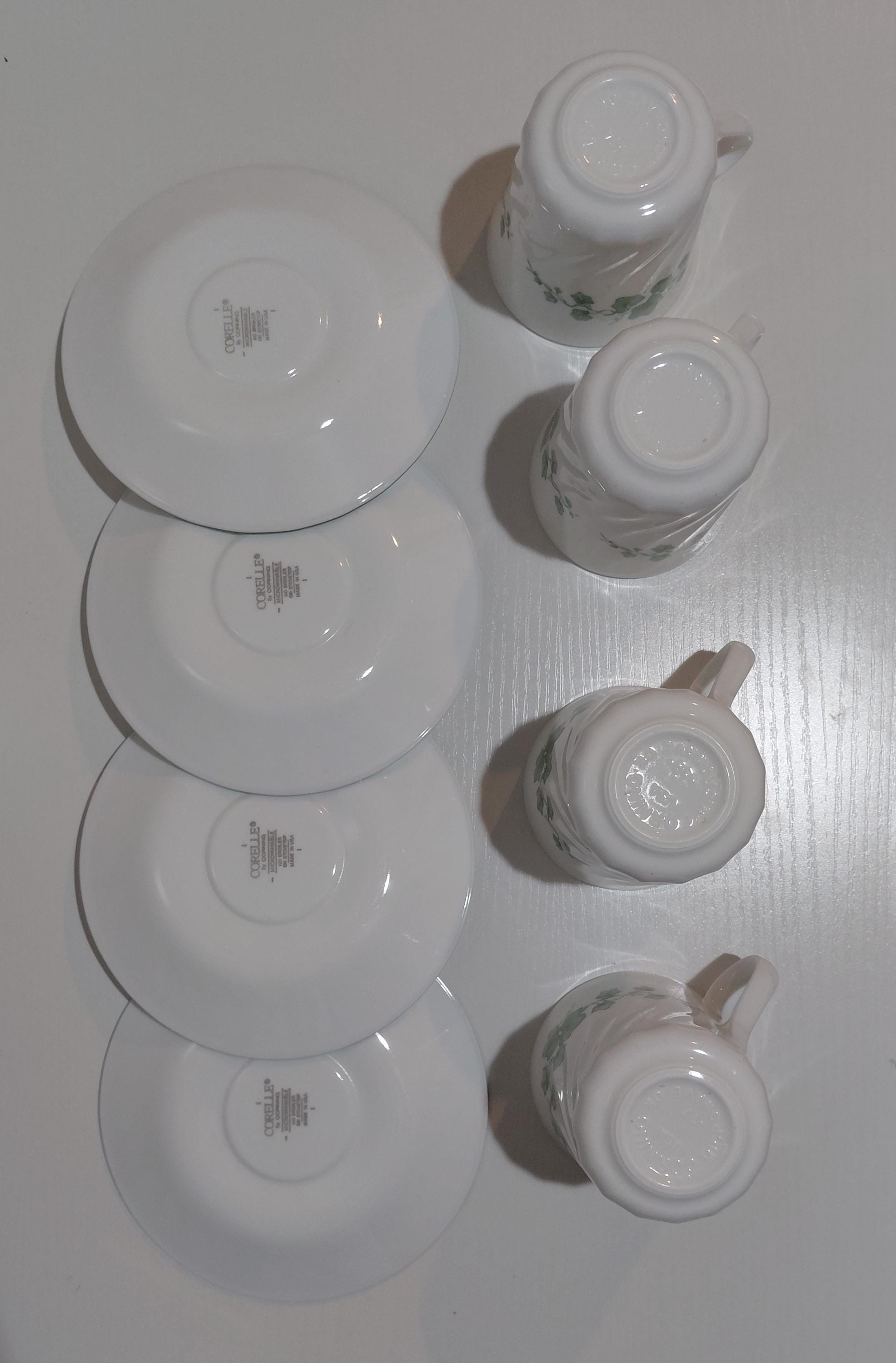 Vintage Corningware Ivy Cups and Saucers: 3 Sets, Green Ivy on White ...