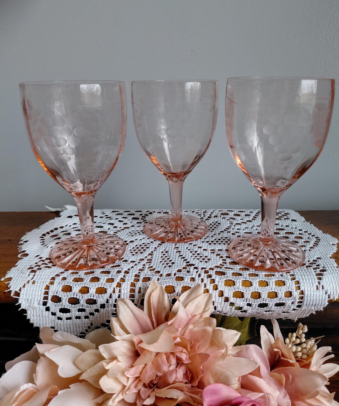 Antique Pink Depression Glass Grape Etched Wine Goblets Set - Etsy