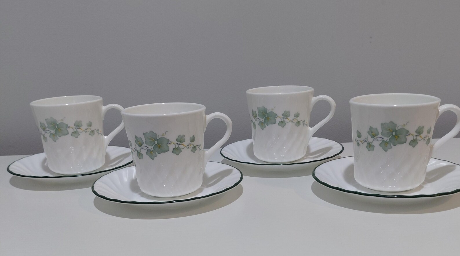 Vintage Corningware Ivy Cups and Saucers: 3 Sets, Green Ivy on White ...