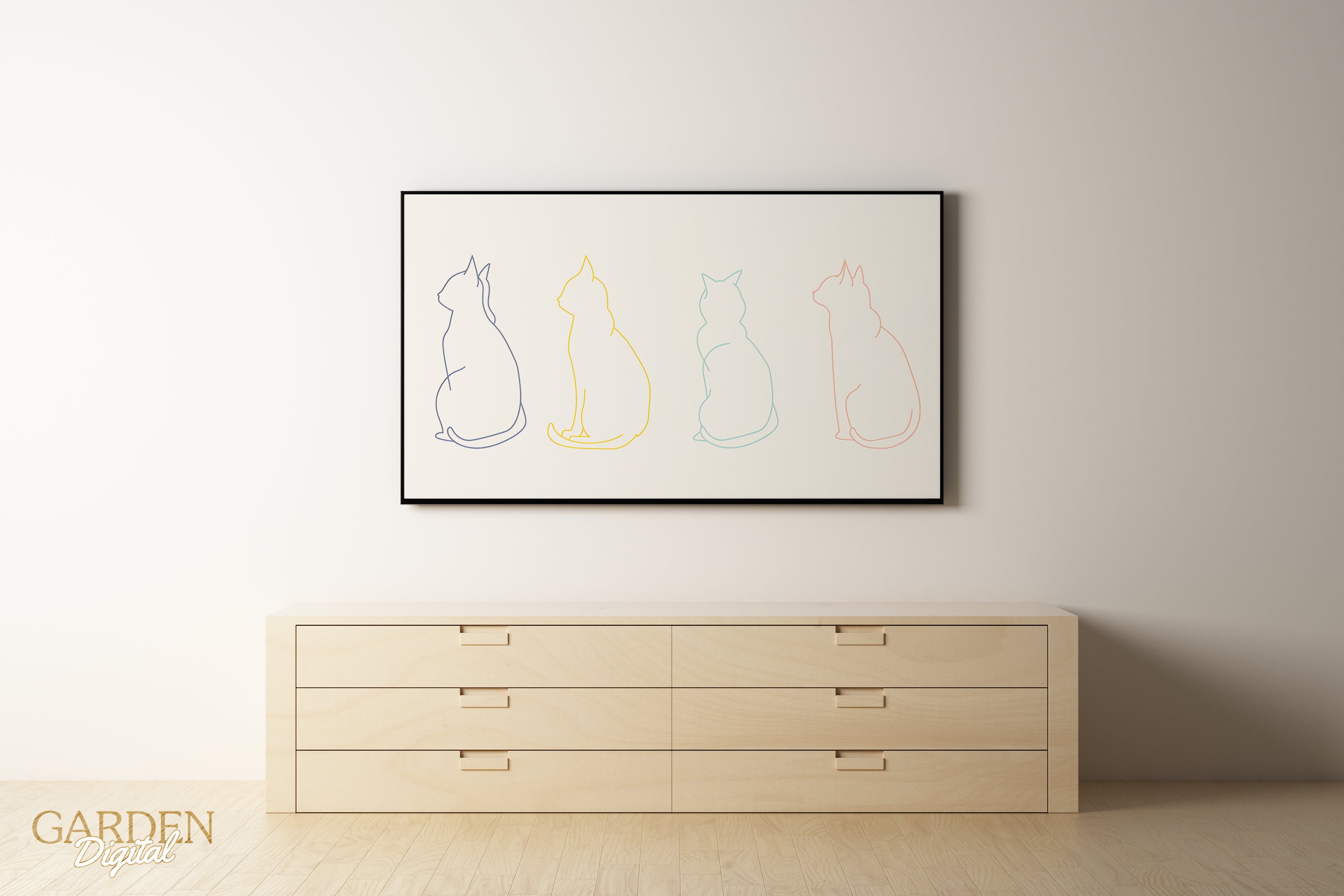 Cat Line Art | Colorful Cat Art | Cat Sketch Wall Art | Digital Art for ...