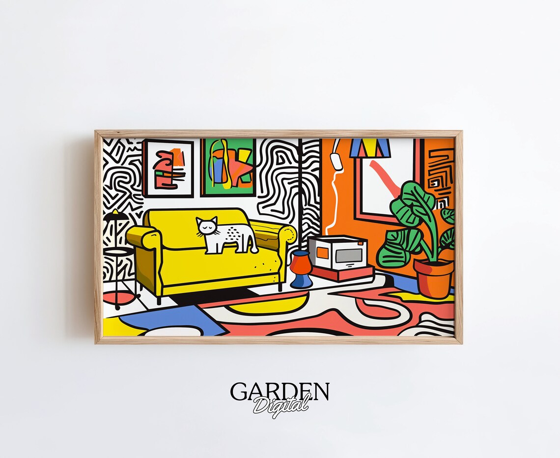 Keith Haring Frame TV Art | Cartoon Line Art | Cat Wall Art | Digital ...