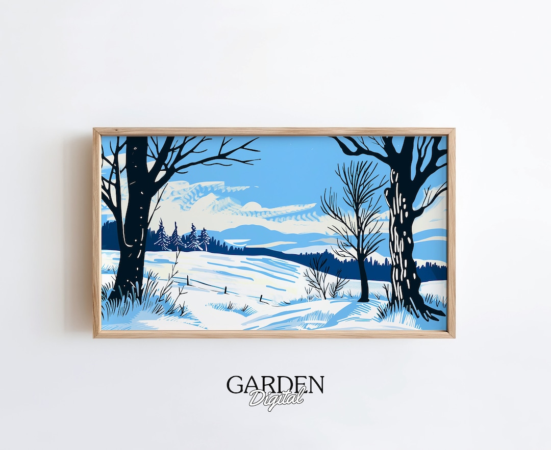 Snowy Woods Frame TV Art | Winter Scene Digital Art for TV | Linocut ...