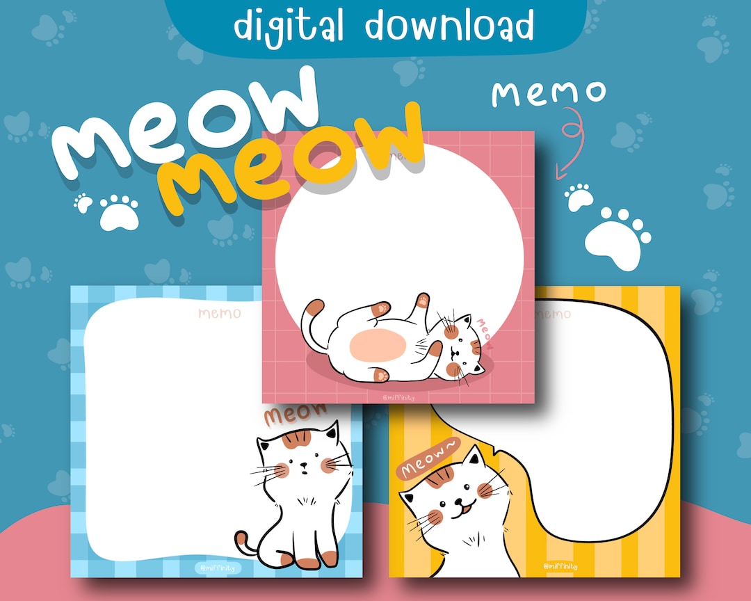 Cute Cat Memo Pad, Digital L Printable Note Pad, Cute Memo Pad, Cute ...