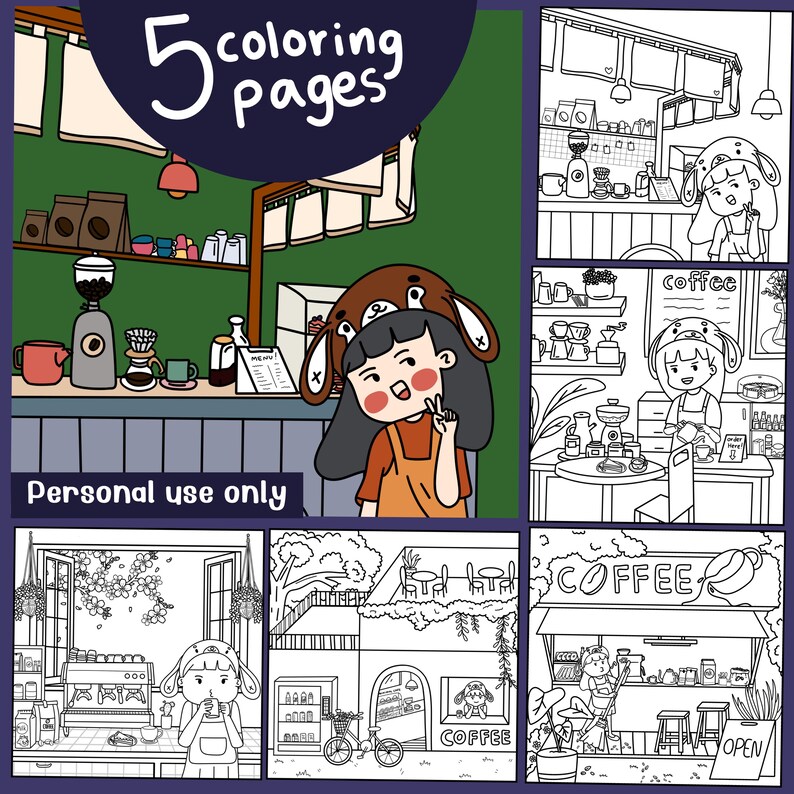 Printable Cute Coloring Page : Coffee Shop - Etsy