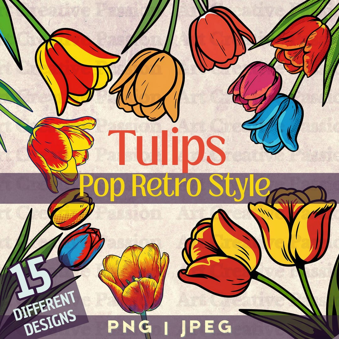 15 Pop Art Tulip Clipart | Retro 1960s Style | Bold Outlines and ...