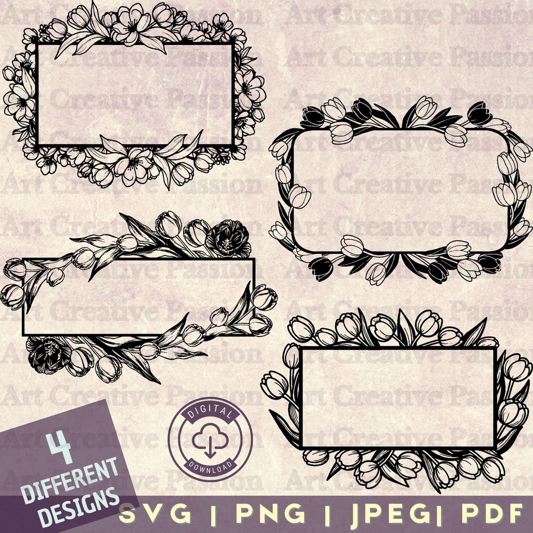 Rectangle Tulip Wreath SVG | Vintage Floral Design | Black-and-white ...