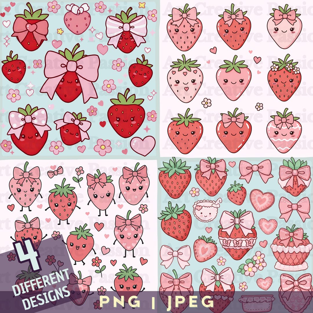 Kawaii Strawberry Clipart | 4 Cute Designs | Strawberry Png ...