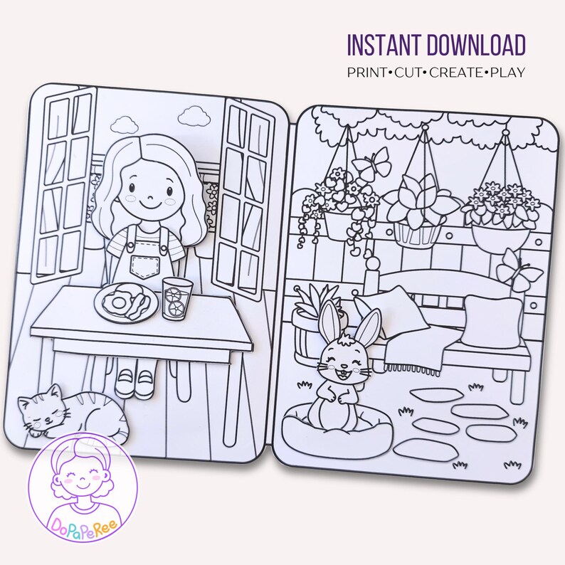 Printable Paper Dollhouse Book, Kids Coloring Activity, Cozy Quiet Time ...