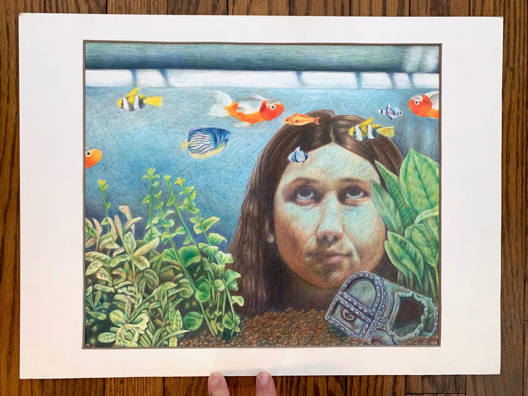 Girl and Aquarium Fish: Original Colored Pencil Drawing (16x12" Matted ...