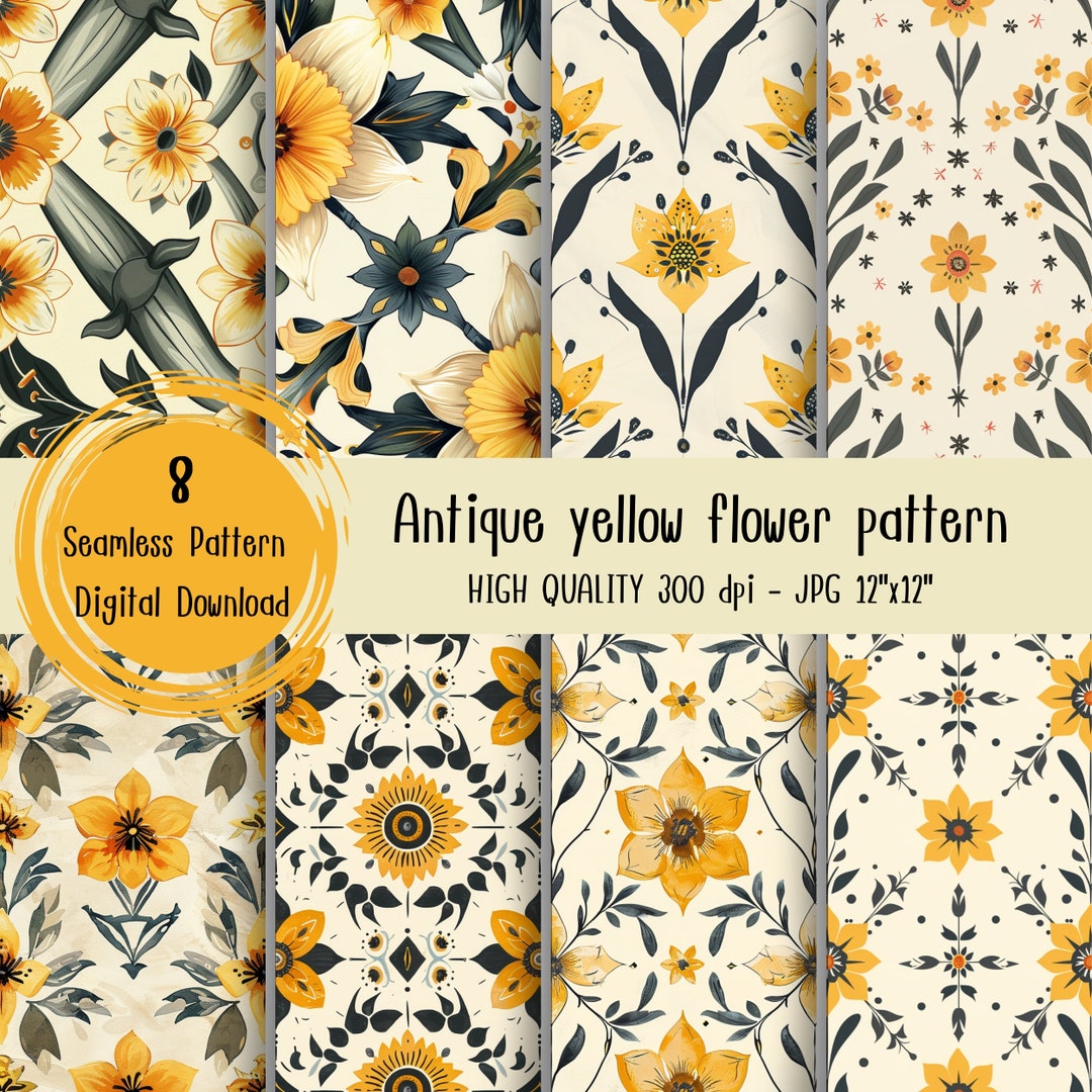 Antique Yellow Flower Seamless Pattern, Floral Digital Paper ...