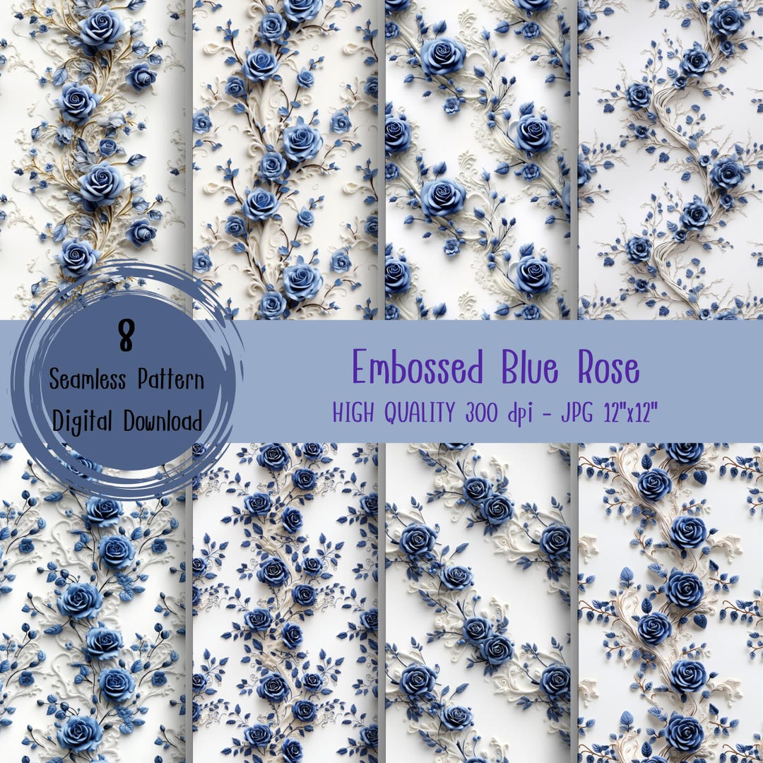Embossed Blue Rose Seamless Pattern Pack, Digital Paper Floral ...