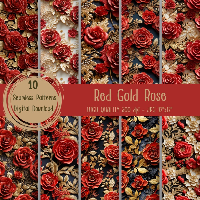 Red Gold Rose Seamless, 3D Rose Background, Digital Paper Pack ...