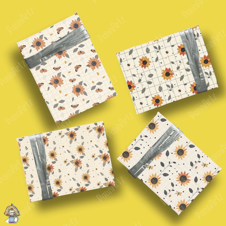 Sunflower on Grid Line Seamless Pattern, Digital Paper, Commercial Use ...