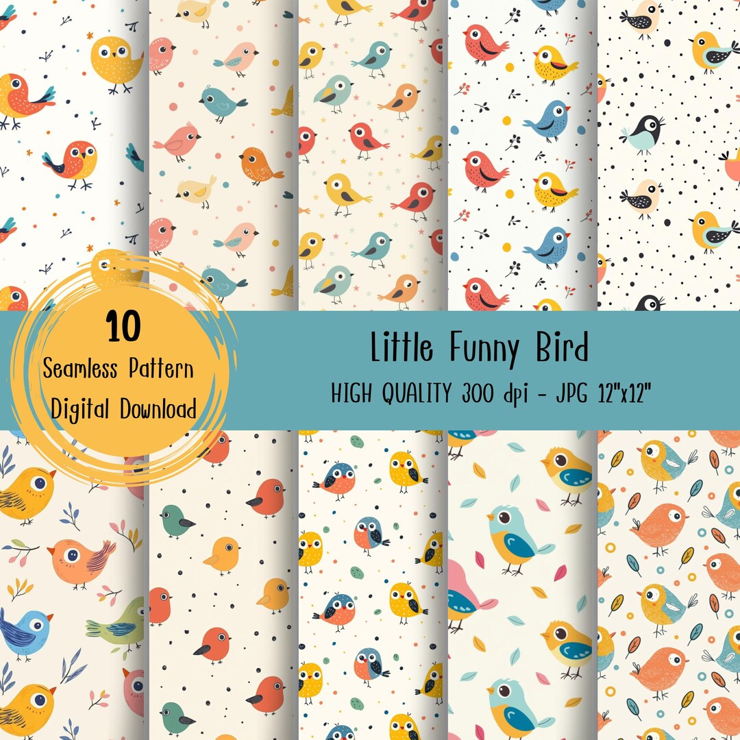 Little Funny Bird Cartoon Seamless Pattern, Small Bird Digital Download ...