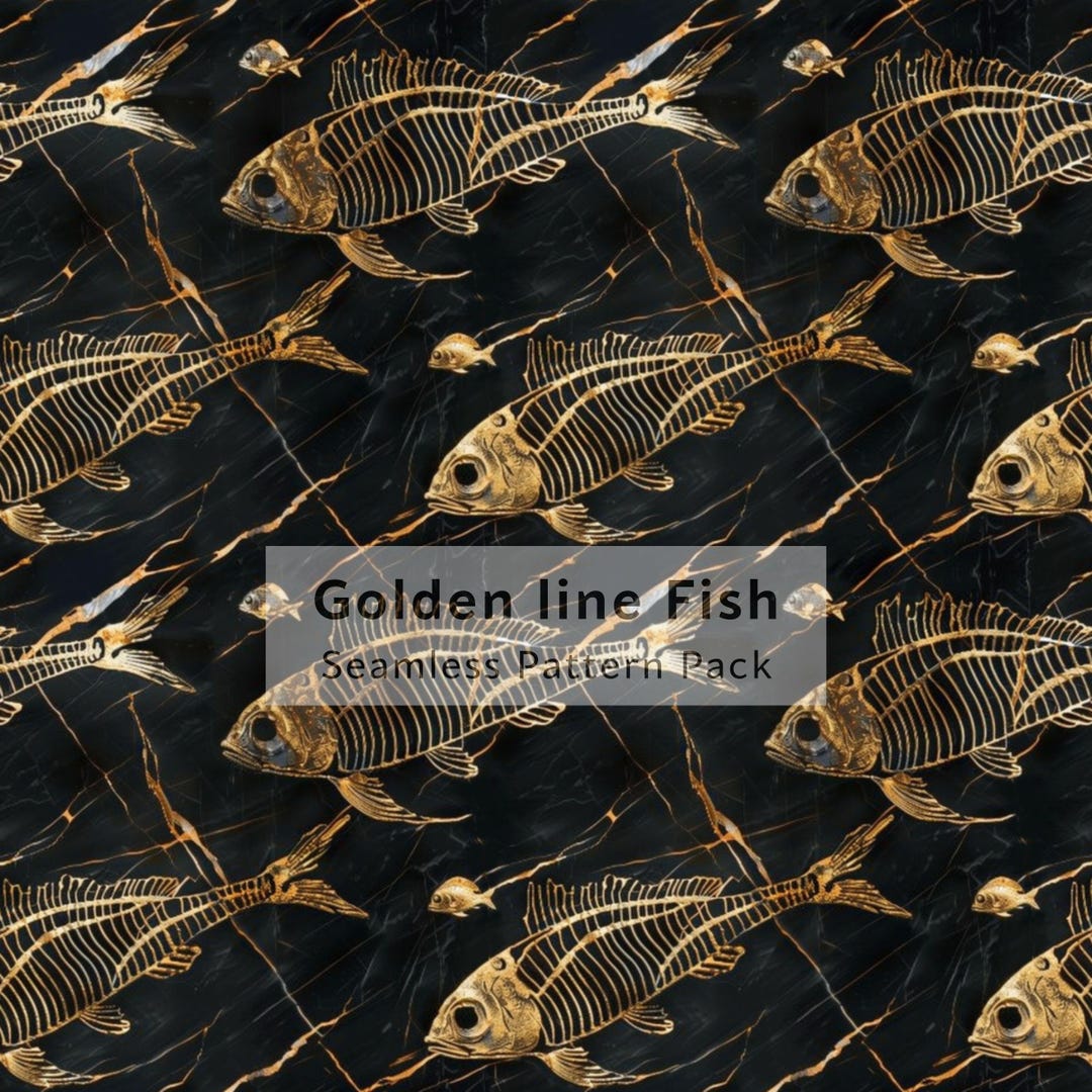 Gold Line Fish Seamless Pattern, Fishbone on Marble, Elegant Black ...