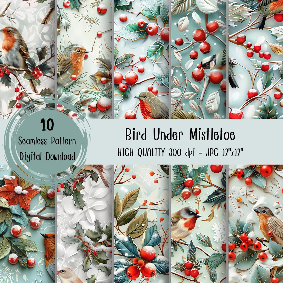 Bird Under Mistletoe Seamless Pattern, Digital Paper, Commercial Use ...