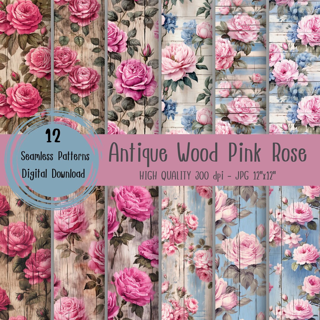 Antique Wood Pink Rose Seamless, Rose Background, Digital Paper Pack ...