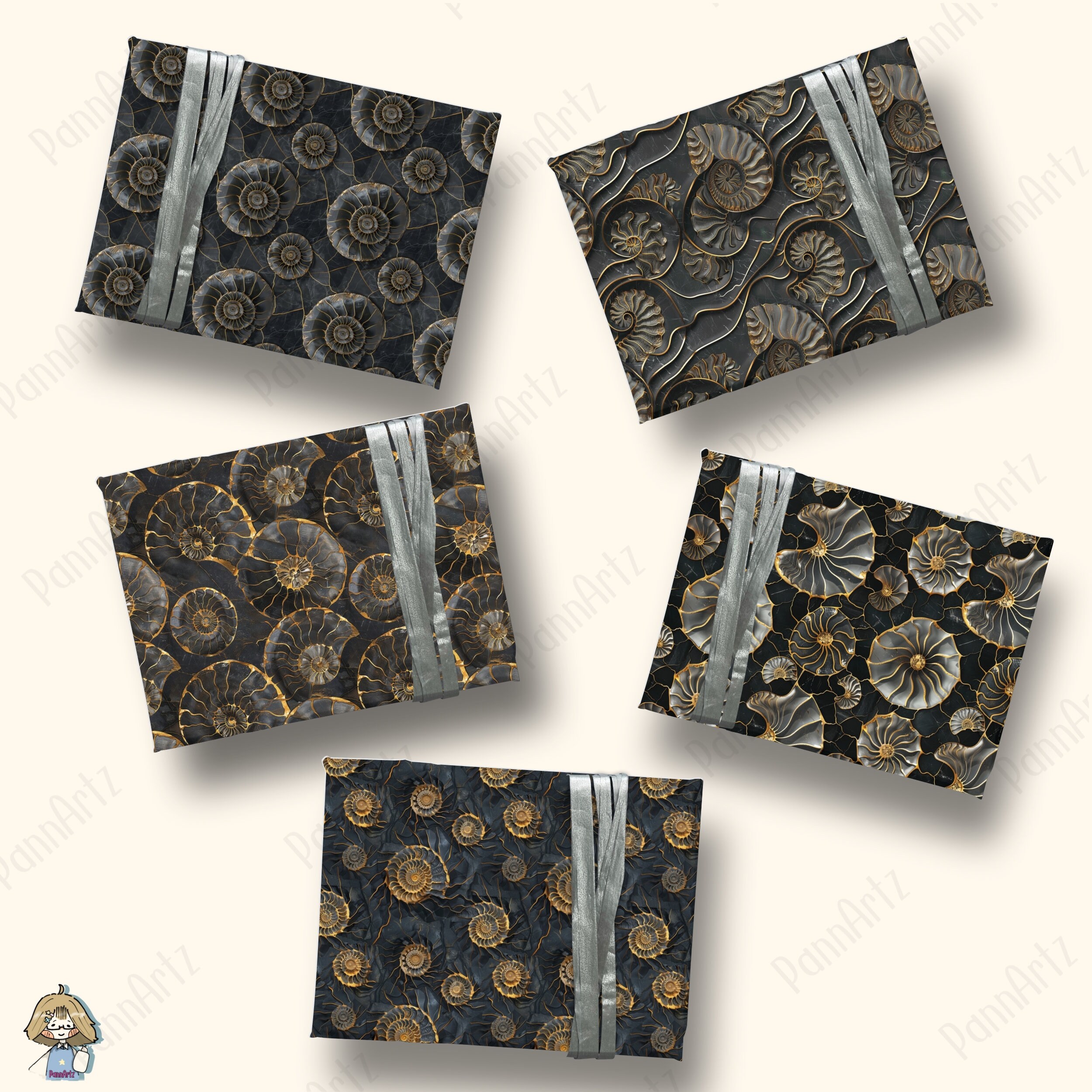 Ammonite Fossil on Black Granite Surface Seamless Pattern, Digital ...