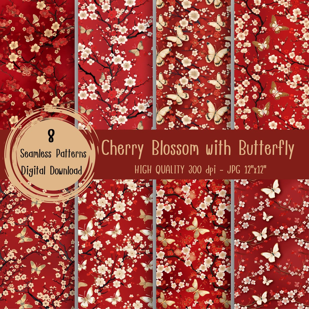 Cherry Blossom Butterfly Seamless Pattern, Golden Sakura Background ...
